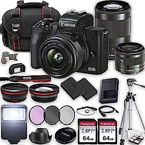 Canon EOS M50 Mark II Mirrorless Camera w/EF-M 15-45mm f/3.5-6.3 is STM Lens + EF-M 55-200mm f/4.5-6.3 is STM Lens + 2X 64GB Memory + Case + Filters + Tripod + More (35pc Bundle) (Renewed)