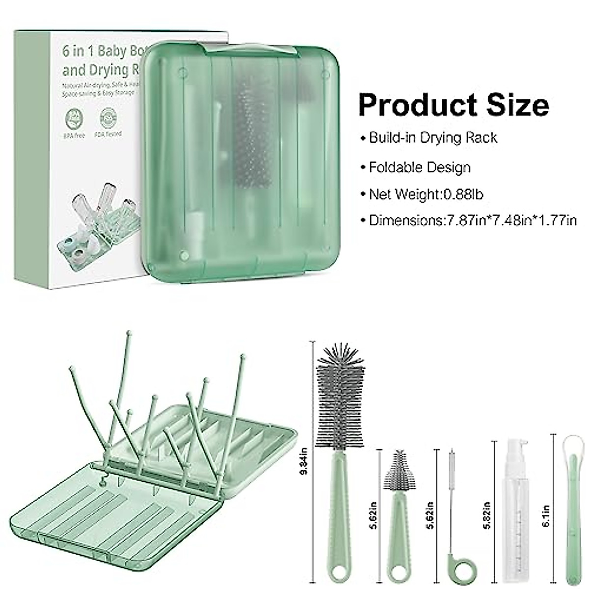 7 in 1 Bottle Brush Set-Travel Brush Cleaner Kit with Extendable Silicone Bottle Brush,Drying Rack,Nipple Brush,Straw Brush,Soap Dispenser & Storage Box,Baby Travel Essential for Moms (Green)