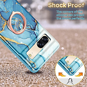 Hekodonk for Google Pixel 7 Case,Heavy Duty with Rotation Ring Kickstand Magnetic Car Mount Full Body Shockproof Rugged Protection Slim Marble Phone Case Cover for Google Pixel 7 Blue Marble