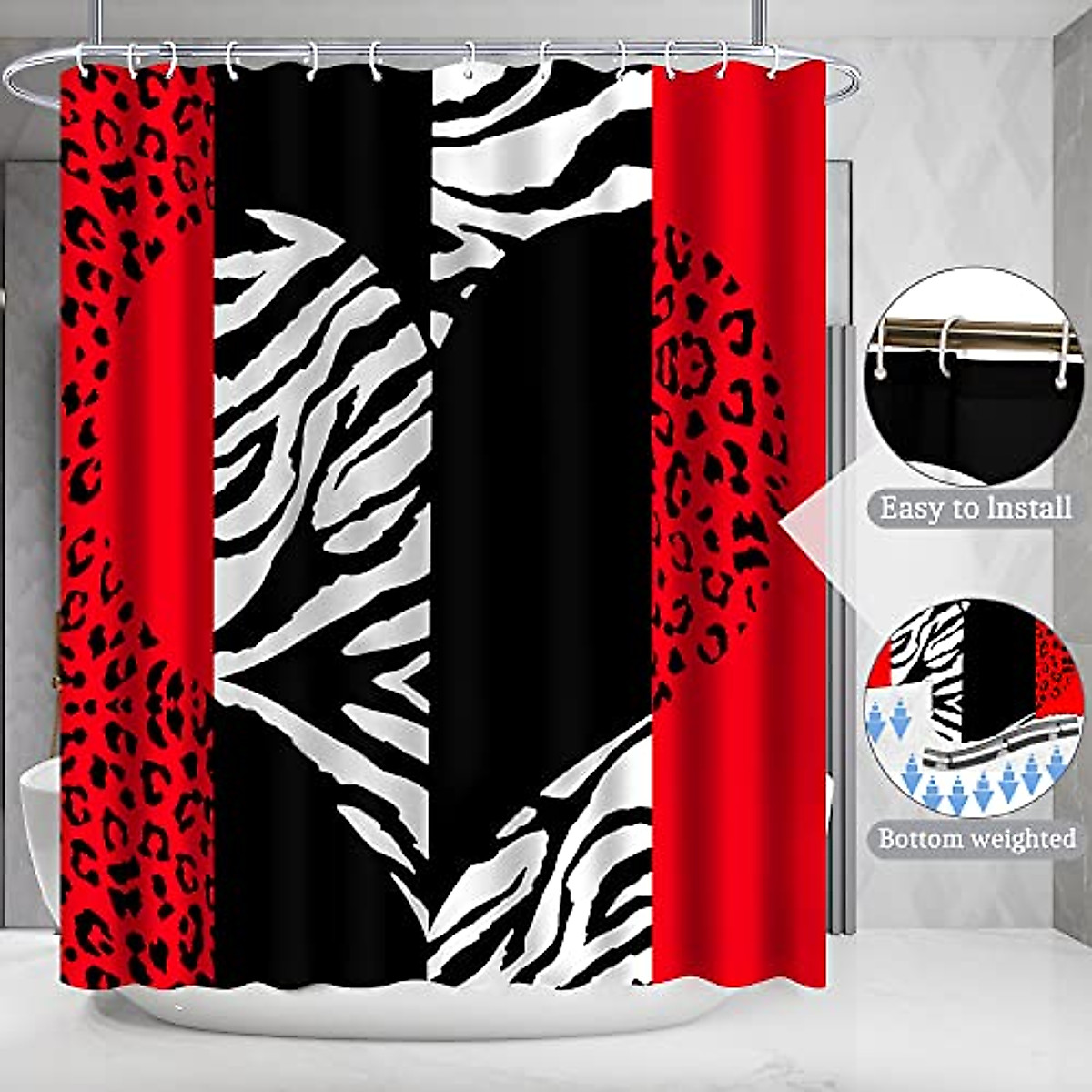 Poedist 4 Pcs Bathroom Shower Curtain Set,Red Leopard Print Shower Curtain Bright Style Shower Curtain Sets with Rugs(Bath Mat,U Shape and Toilet Lid Cover Mat) and 12 Hooks