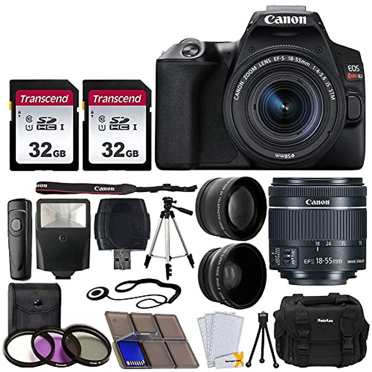 Canon EOS Rebel SL3 Digital SLR Camera (Black) + EF-S 18-55mm f/4-5.6 IS STM Lens + 58mm 2X Professional Telephoto & 58mm Wide Angle Lens + 64GB Memory Card + DC59 Case + Tripod + Slave Flash + Remote