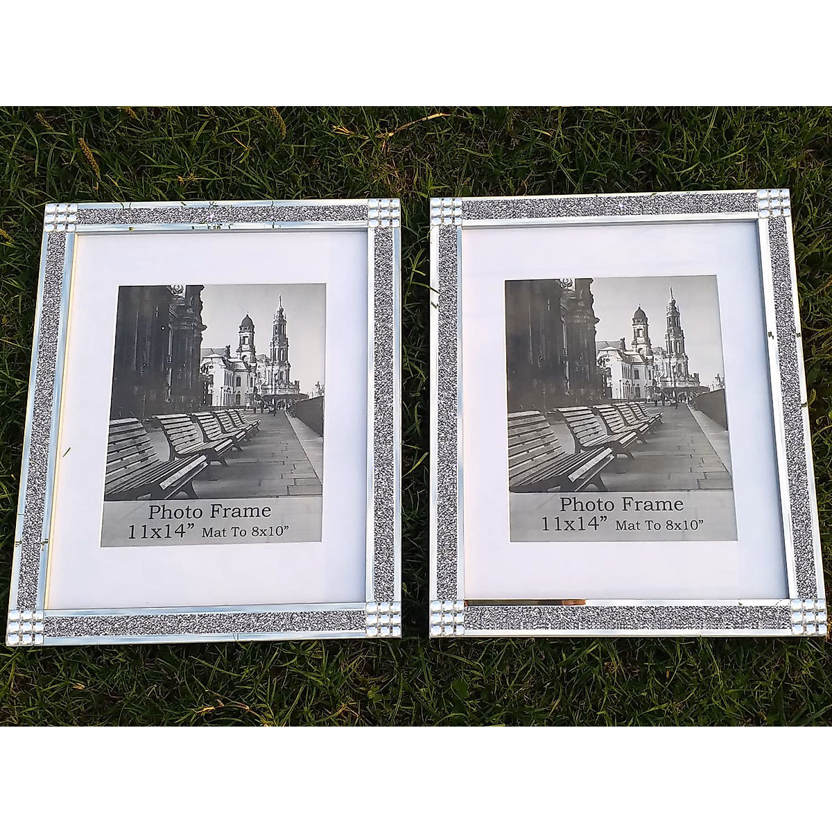 Meetart Sparkle Crystal Silver Glitter Mirror Glass Photo Frame 11x14 inch Mate to 8x10 inch 2 Piece Pack