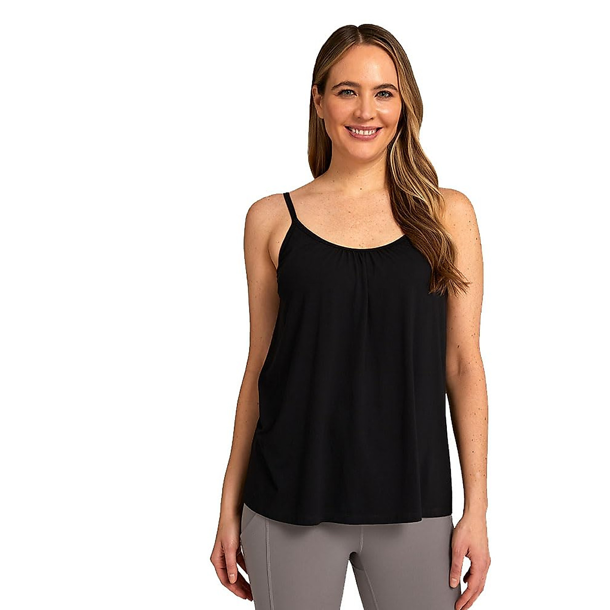 32 Degrees Cool Womens Shirred Flowly Relaxed Lounge Built-in Cups Shelf Bra Tank Cami, Black, Small