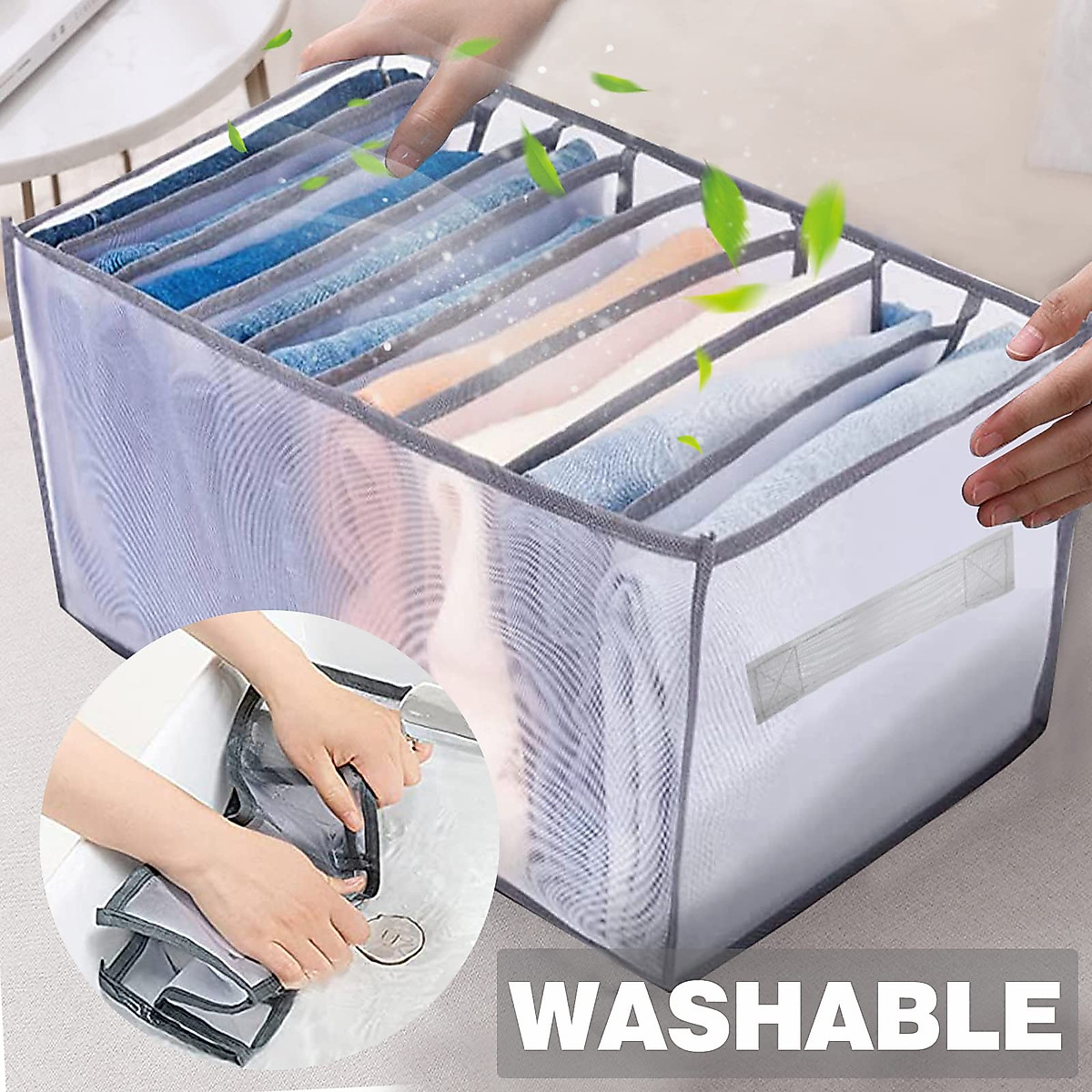 Large Jeans organizer, Upgraded Wardrobe Clothes Drawer Organizer for Jeans Closet Organizers Storage Large 9 Grid Clothes Storage Organization with Handle Stackable Washable Mesh (1PCS Grey)