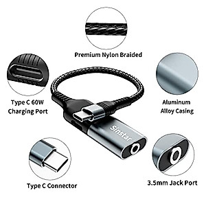 sinstar USB C to 3.5mm Audio Headphone Jack and USB C PD 3.0 Fast Charger Adapter Cable Compatible with Samsung S23/S22 Note20/10 Pixel 5/4 iPad Pro Air Pixel 7/6A/6