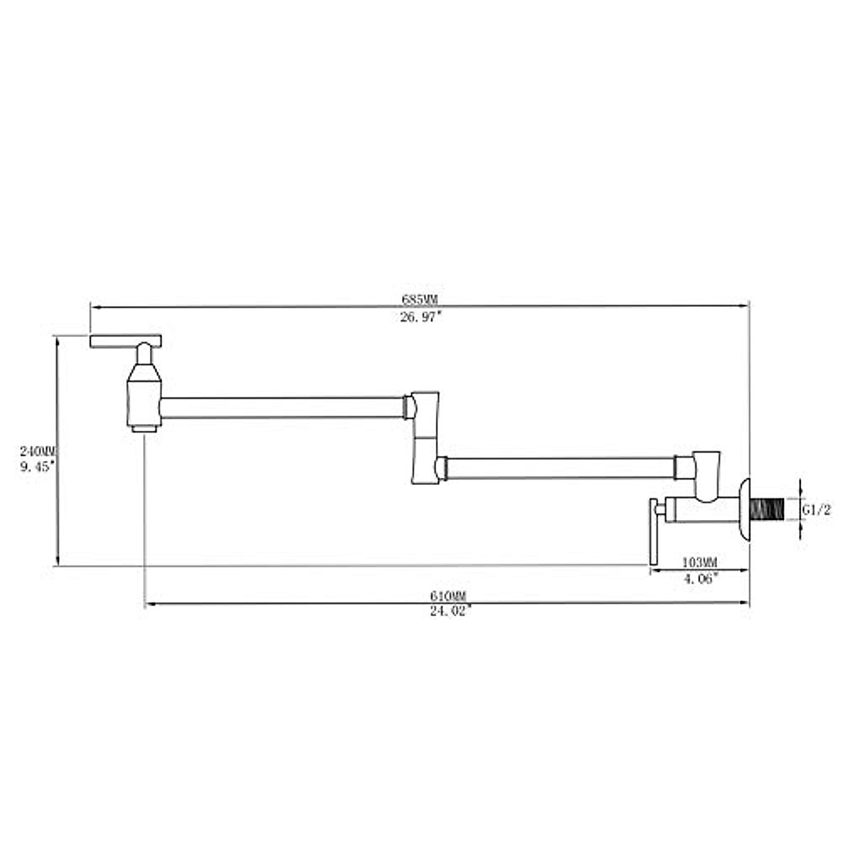 EKRTE Commercial Stainless Steel Pot Filler Faucet Folding Stretchable Double Joint Swing Arm Wall Mount Kitchen Faucet Single Hole Two Handle Kitchen Sink Faucet, Matte Black