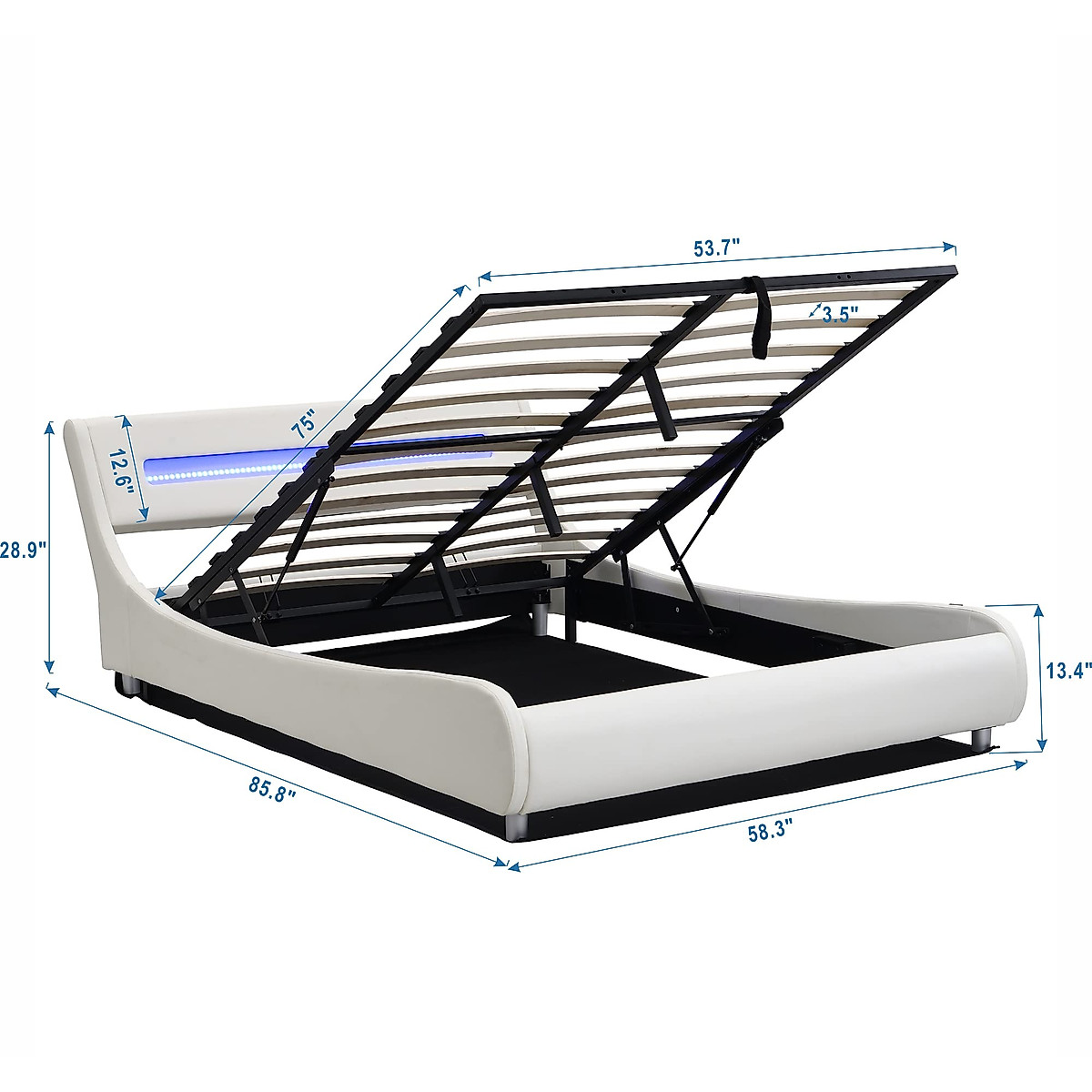 Low Profile Upholstered Platform Bed with LED Lights Headboard, Hydraulic Lifting Under Bed Storage, Modern Curved PU upholstered Low Profile Platform Bed Frame for Kids Teens Adults (White, Full)