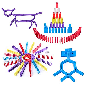 Wondertoys 600 PCS Dominoes Set for Kids Wooden Building Blocks 6 Colors Bulk Dominoes Racing Tile Games Educational Toy for Kids Birthday Party with 11 Add-on Blocks and 1 Storage Bag