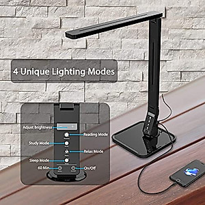 Fugetek LED Desk Office Lamp, Exclusive: 27 Eye-Caring Recessed LEDs, 5-Level Brightness, 4-Lighting Modes, USB Charging Port, 14W, Touch Control Panel, Dimmer, 1-Hour Auto Timer, 5V/1A, (Black)