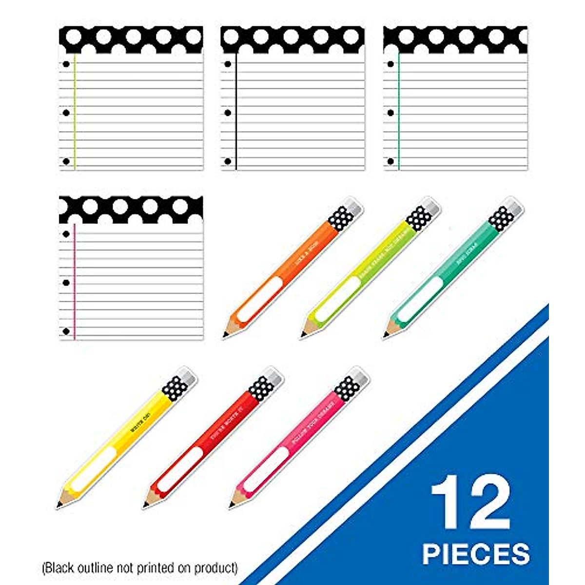 Schoolgirl Style Black, White & Stylish Brights 12 Piece Pencil and Paper Bulletin Board Cutouts, Pencil and Paper Bulletin Board Decorations and Classroom Décor