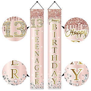 13th Birthday Decorations Door Banner for Girls, Pink Rose Gold 13 Teenager Happy Birthday Sign Party Supplies, Sweet Thirteen Year Old Birthday Backdrop Porch Décor