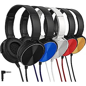 Maeline Classroom Headphones Bulk 5 Pack, Student On Ear Comfy Swivel Headset for School, Library, Airplane, for Online Learning, Travel, Stereo Sound 3.5mm Jack, Red, Black, Blue, White, Yellow