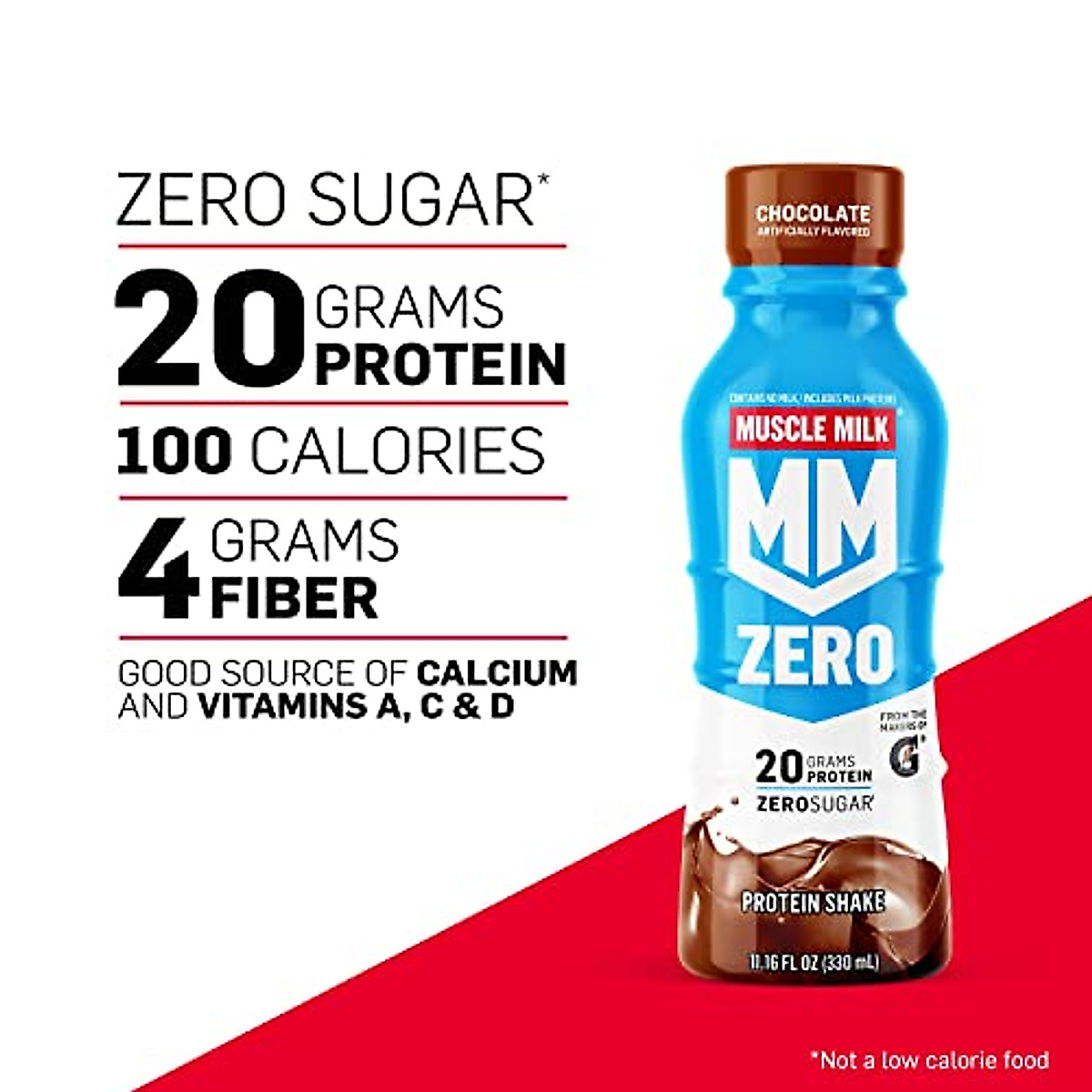 Muscle Milk Zero Protein Shake, Chocolate,20g Protein, Zero Sugar, 100 Calories, Calcium, Vitamins A, C & D, 4g Fiber, Energizing Snack, Workout Recovery, Packaging May Vary,11.16 Fl Oz (Pack of 12)