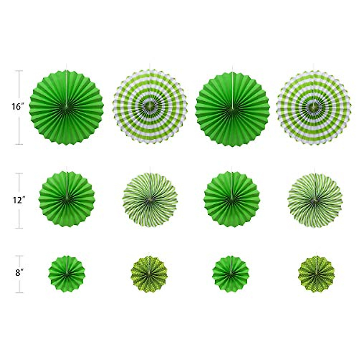ONUPGO Green Paper Fan Decorations Set -12PCS Hanging Paper Fans Flower Set, Mexican Fiesta Kids Round Pattern Paper Garlands Party Favor Banner for Wedding Birthday Baby Shower Event Accessories