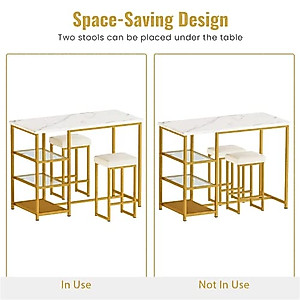 DKLGG 3-Piece Dining Table Set, Counter Height Pub Table with 2 Upholstered Bar Stools/Chairs, Small Space Faux Marble Bar Tabletop Storage Shelves, Breakfast Nook, Gold