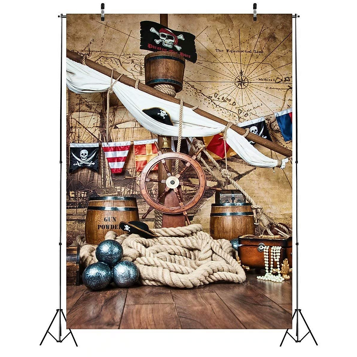 BELECO 5x7ft Fabric Pirate Backdrop Pirates Ship Deck Steering Wheel Skull Flag Halloween Pirate Photography Background Pirate Theme Party Decorations Kids Boy Adult Birthday Baby Shower Photo Props