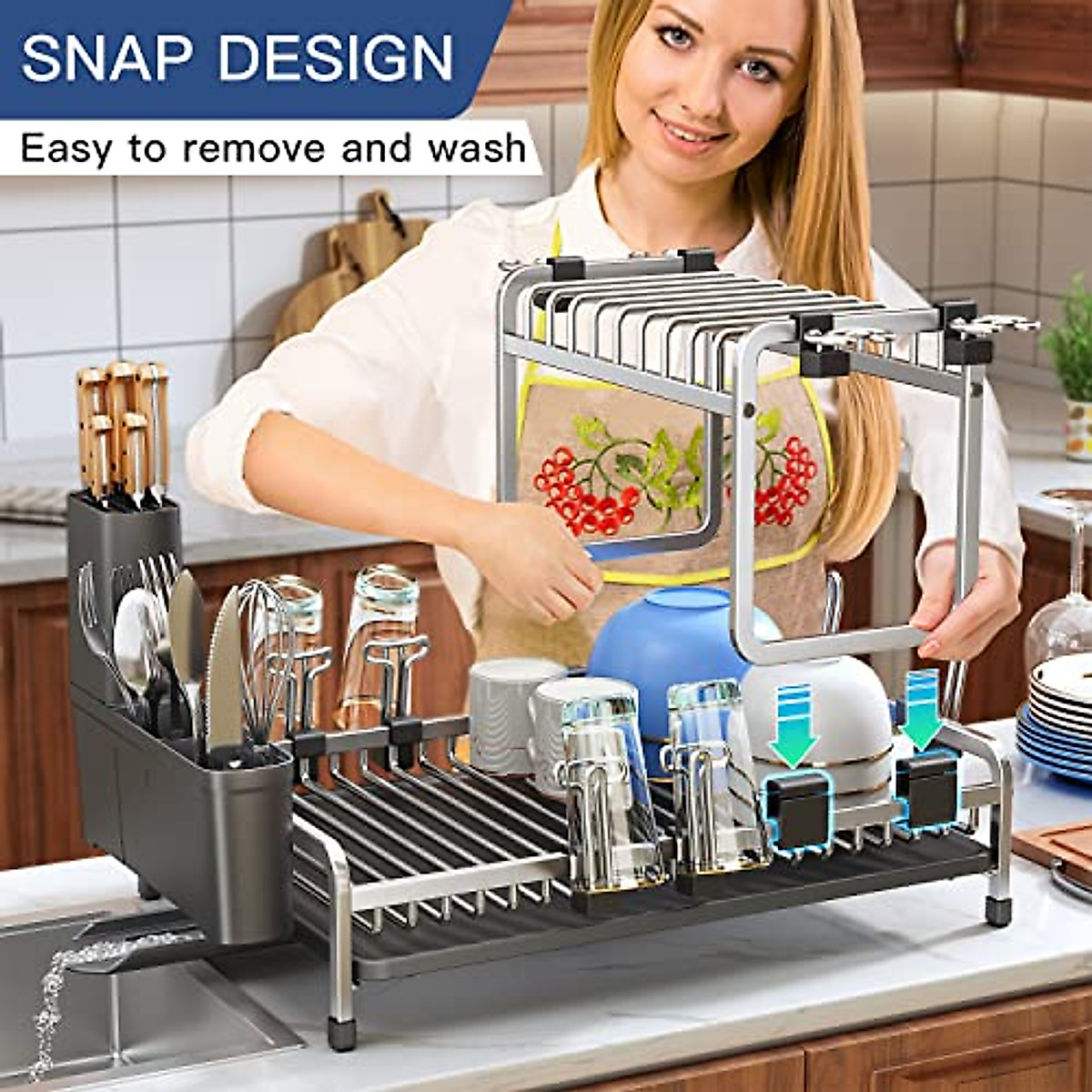 Dish Drying Rack, Aluminum 2-tier Multifunctional 7-in-1 Dish Racks for Kitchen Counter with Drainboard, Rustproof Detachable Large Capacity Dish Drainer with Wine Glass Holder, Utensil&knife Holder