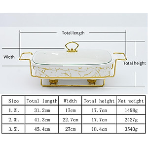 HONHPD 3PCS Rectangular Porcelain Casserole Warming Trays for Food, Ceramics Chafers, and Buffet Warmers Sets, Ceramics Chafing Dish Buffet Set, Gold Plating Serving Dishes(11inch.13inch.15inch）