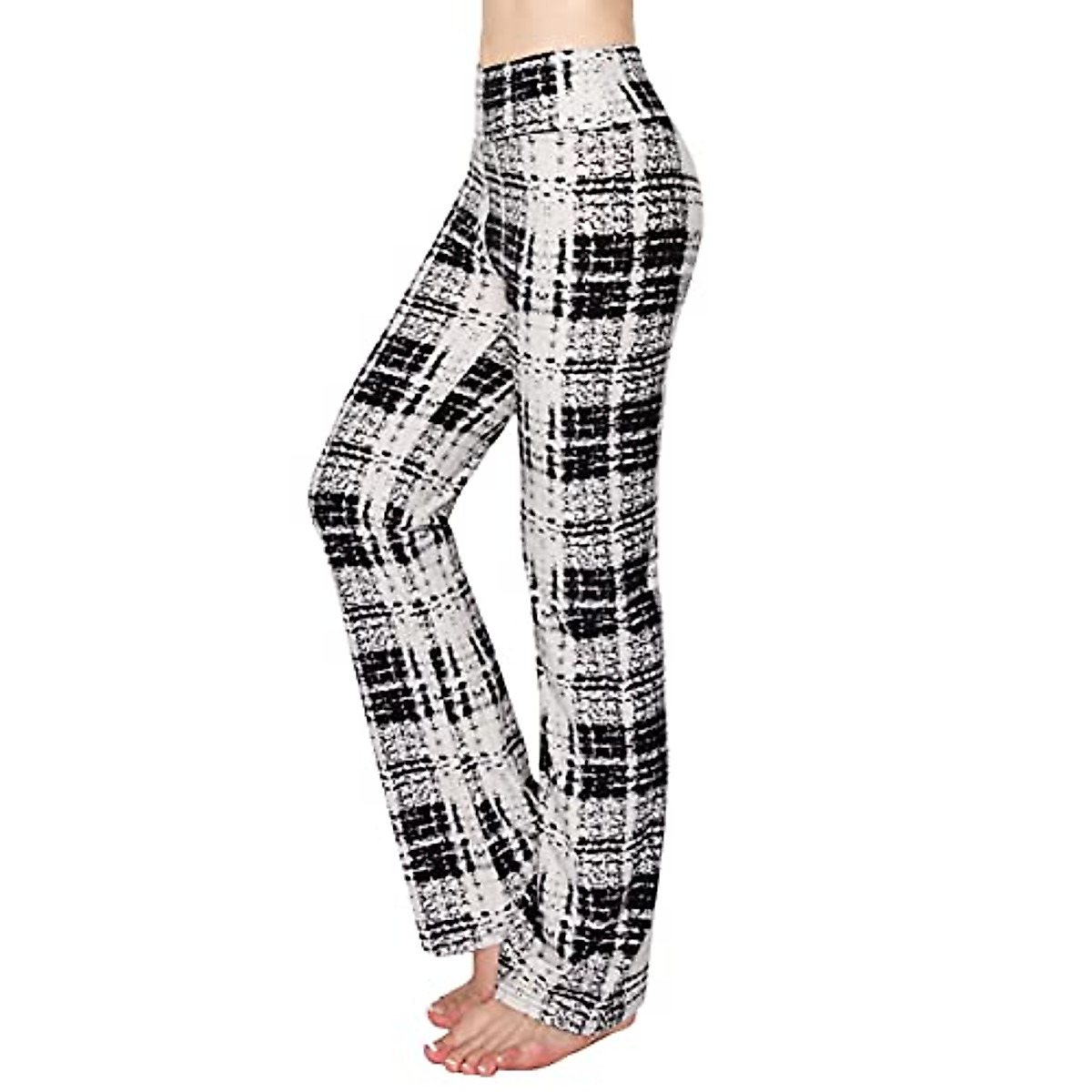 ALWAYS High Waist Flare Pants - Buttery Soft Bootcut Leggings Palazzo Black and White Plaid 2942 XL