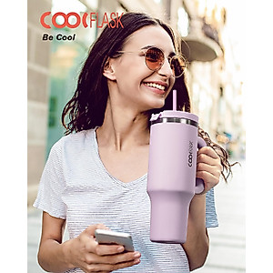 Coolflask 40 oz Tumbler with Handle and Straw Lid, Water Tumbler Insulated with 2-in-1 Leak-proof Lid, Coffee Tumbler Travel Mug Stainless Steel for Cup Holder, Keep Cold 24H Hot 12H, Purple
