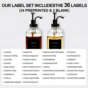 MFBJXC 2-Pack Coffee Syrup Dispenser for Coffee Bar, 16.9 oz 500 ml Glass Syrup Bottle with 36 Labels, Syrup Pump Dispenser for Coffee Bar(Black pump)