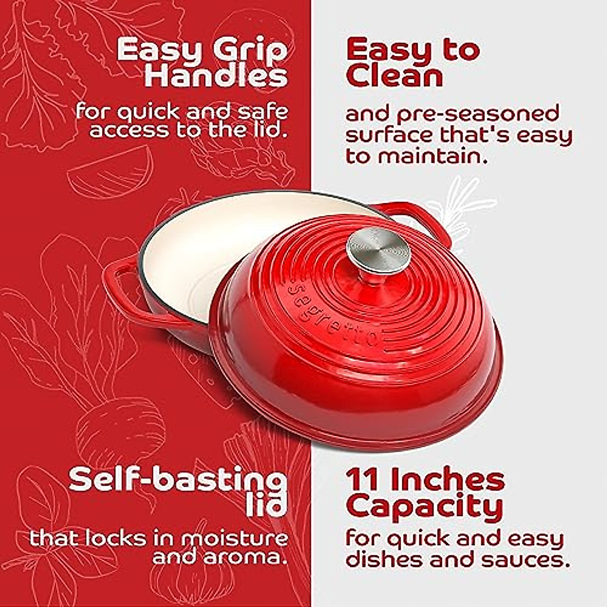 Enameled Cast Iron Bread Pan with Lid, 11” Red Bread Oven Cast Iron Sourdough Baking Pan, Dutch Oven for Bread, No Seasoning Needed -Segretto Cookware