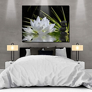 Canvas Wall Art - White Lotus and Black Zen Stones Picture - Modern Wall Decor Gallery Canvas Wraps Giclee Print Stretched and Framed Ready to Hang - 24" x 36"