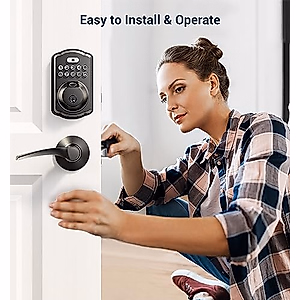 Veise Fingerprint Door Lock with 2 Lever Handles - Keyless Entry Door Lock, Electronic Keypad Deadbolt & Front Door Lock Handle Sets, Auto Lock & 1 Touch Locking, Easy Installation, Matte Black