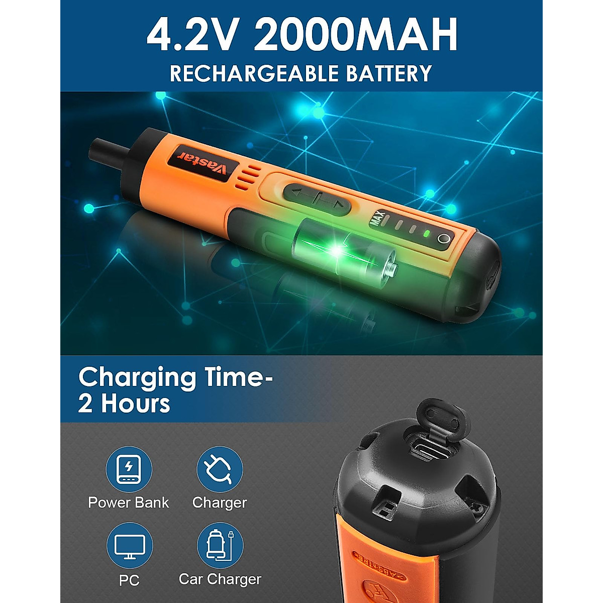 Vastar 4.2V Electric Screwdriver Kit, 4 Torque Settings, 49 in 1 Cordless Rechargeable Screwdriver with LED Light, 35 CRV Steel Screwdriver Bits, 8 Sockets, Magnetic Hex Chuck, Bit Holders