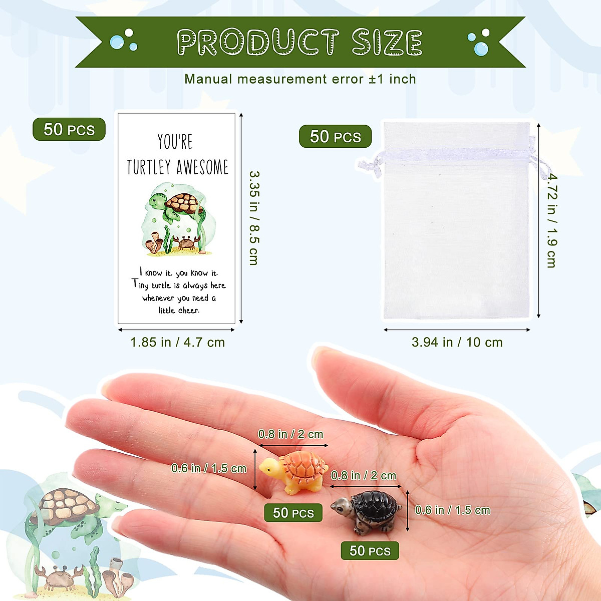Qunclay 50 Sets Employee Appreciation Gifts Mini Sea Turtle Funny Inspirational Gift for Coworker Mini Greeting Cards You're Awesome Sign Cards Organza Bags Cute Turtles for Employee Teacher Staff