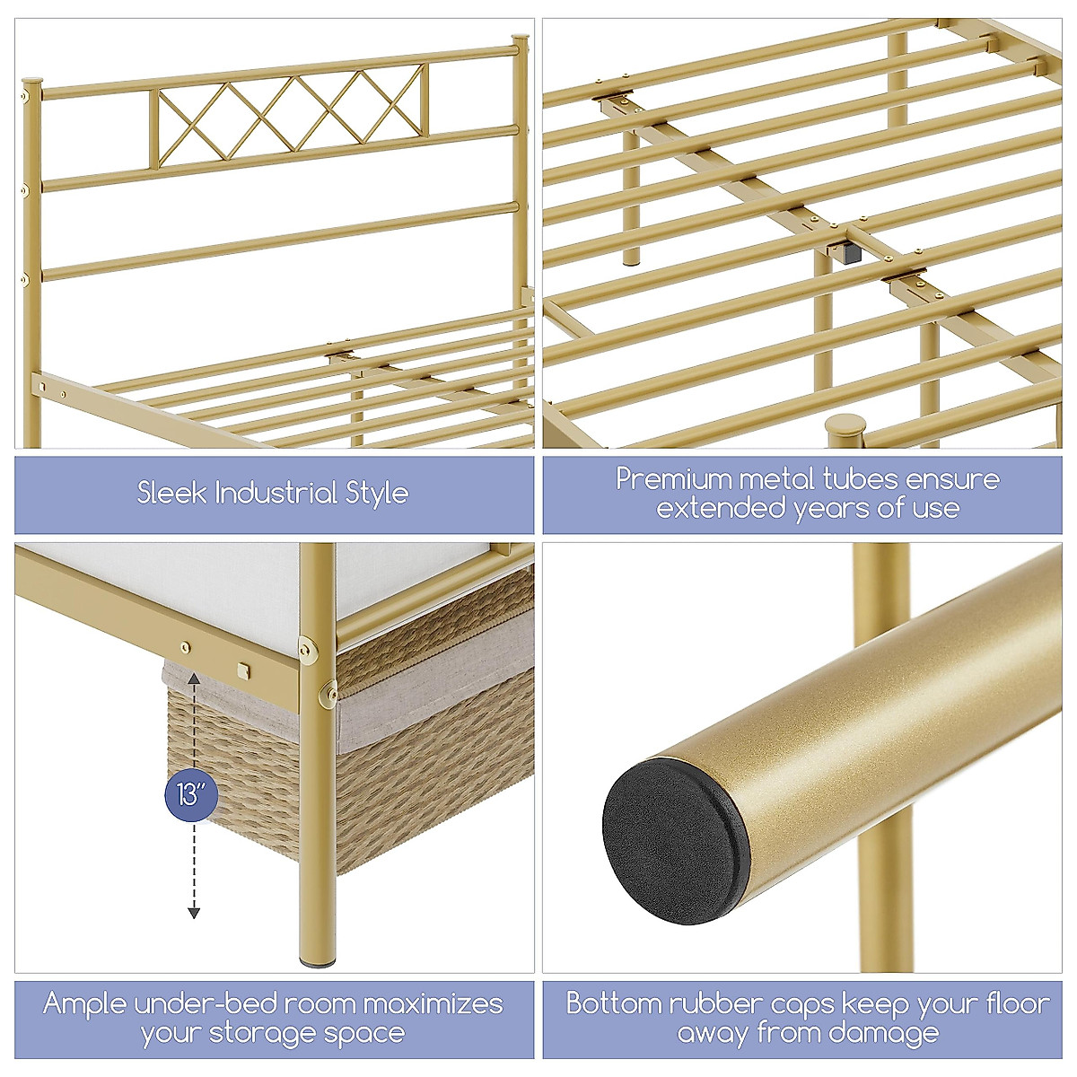 Yaheetech Queen Size Metal Platform Bed Frame Mattress Foundation with Headboard and Footboard No Box Spring Needed Under Bed Storage Steel Slats Antique Gold