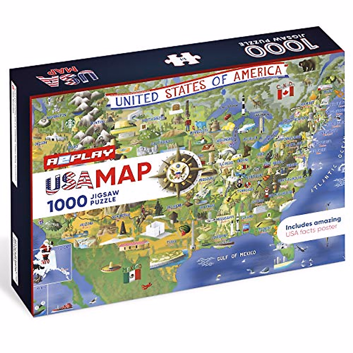 USA Map Puzzle 1000 Piece for Adults, United States of America, Patriotic Jigsaw Puzzle & Bonus Fact Poster by A2PLAY, Premium Materials, 27.5 x 19.7 in