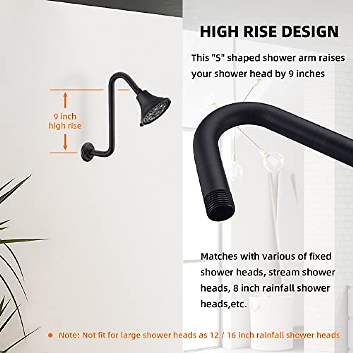 TRUSTMI Bronze Shower Arm with Flange 12 Inch S-Shaped Overhead Shower Head Extension Neck with 9 Inch High Rise Offset, Oil Rubbed Bronze