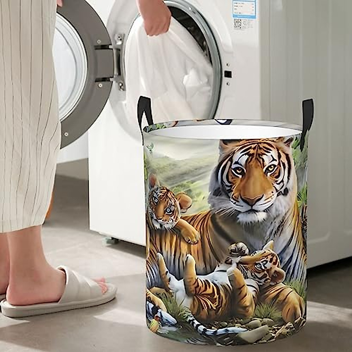 Jungle Tigers Cub Laundry Basket Protable Circular Laundry Hamper Storage Bin Organizer With Handles For Bathroom,Bedroom Clothes