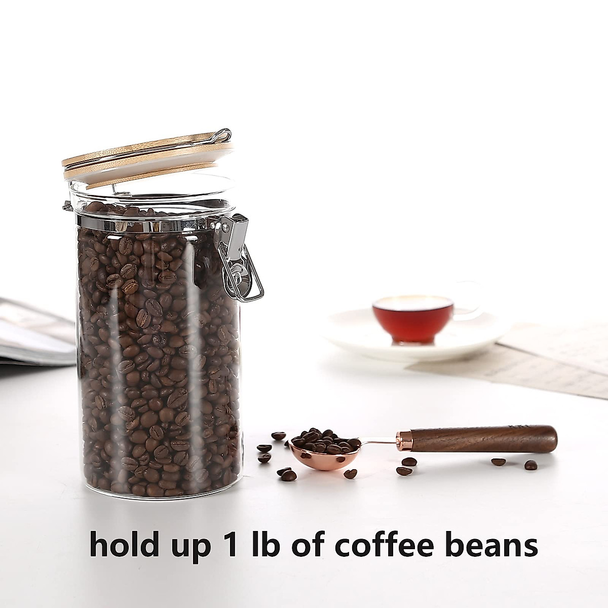 KKC Clear Borosilicate Glass Food Storage Jar Canister Container with Airtight Locking Clamp Bamboo Lid,Coffee Bean,Loose Tea,Nut Container,Sealed Jar Hinged Lid for 16oz Coffee Bean,40 Fluid-oz
