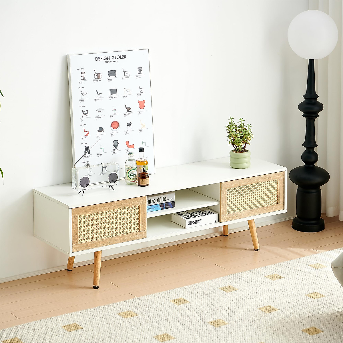 YOUGUO Rattan TV Stand for 65 Inch TV, Boho Entertainment Center with Natural Rattan Sliding Doors & Adjustable Shelf, Wood TV Media Console for Living Room, White