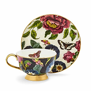 Spode Creatures of Curiosity Collection Coupe Teacup and Saucer Set, Black Floral Mug and White Floral Saucer, Gold Rim, 6.7 oz, Made of Fine China, Specialty Coffee Drinks, Lattes, and Tea