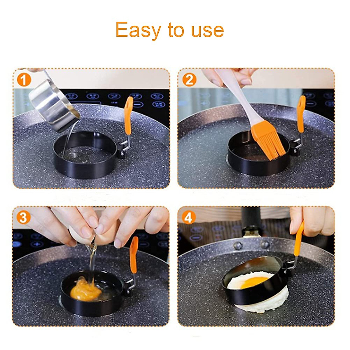 MiaLover 2Pcs 3'' Nonstick Egg Rings with Silicone Handle, Stainless Steel Mold Shaper Circles for Fried Egg MacGuffin Sandwiches,Portable Grill Accessories for Camping Indoor Breakfast Burger