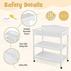 Costzon Baby Changing Table, Infant Diaper Changing Station w/Waterproof Changing Pad, Safety Strap, Storage Shelves, Mobile Nursery Organizer for Newborn, Portable Changing Table with Wheels (White)