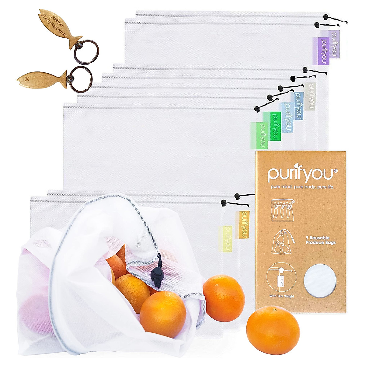 purifyou DUAL Purpose Reusable Produce and Grocery Bags, Set of 9 SEE THROUGH Mesh with Handles & Washable Produce Mesh Set of 9 Grocery with Drawstring, Large Foldable Shopping Bags Premium Bundle