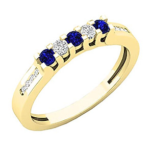 Dazzlingrock Collection 10K Round Blue Sapphire & White Diamond Women Anniversary Band, Yellow Gold, Size 9