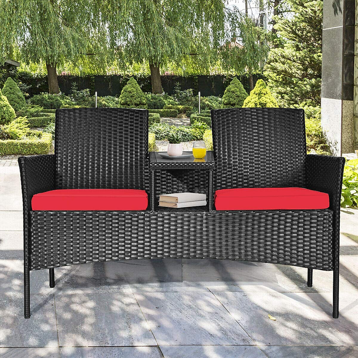 HAPPYGRILL Patio Loveseat Rattan Wicker Loveseat with Coffee Table, Outdoor Conversation Sofa Furniture with Cushions for Garden Lawn Backyard Porch