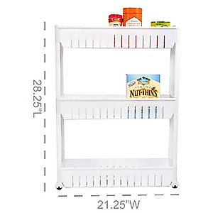Home-X Slim 3-Tier Rolling Cart for Laundry Room and Bathroom Organization, Space-Saving Storage with Shelves and Wheels, Small Pantry Shelf, Narrow Organizer, White Shelving Unit