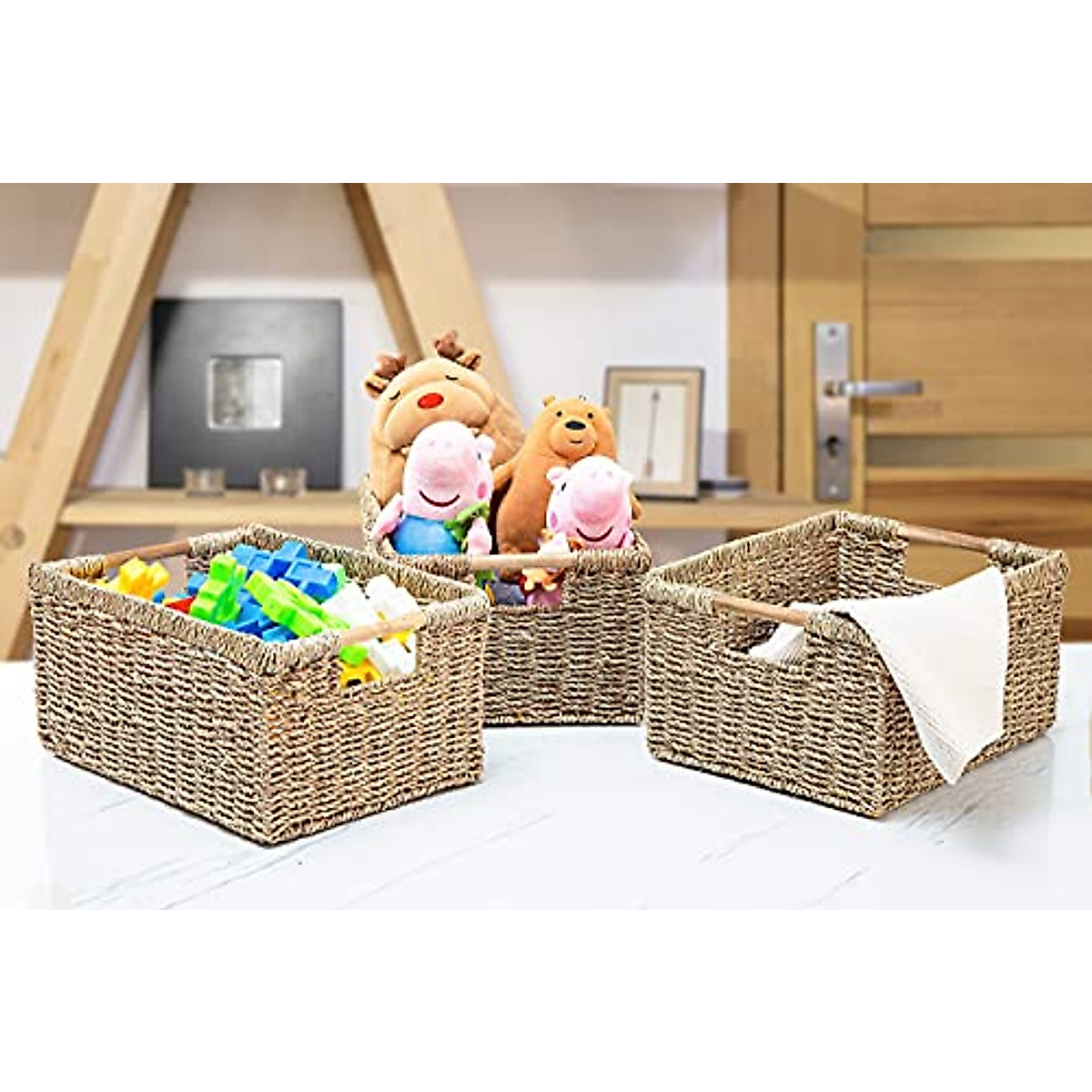 Large Wicker Storage Basket with Wooden Handles, Seagrass Baskets for Shelves, Natural Basket with Handle