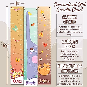 Personalized Kids Growth Chart - 12 Designs, 13oz Vinyl Height Measurement ft. cm, inches Chart for Toddlers - Ruler for Kids