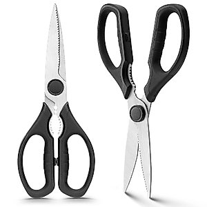 Multifunction Kitchen Scissors 2-Piece Set WELLSTAR, Heavy Duty Food Shears for Chicken Meat Vegetable Fish Herb Poultry Stainless Steel Cooking Scissors with Comfortable Handle Scissors Set (Black)