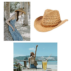 Straw Cowboy Hat Wide Brim Sun Cowgirl Summer Panama with Chin Strap Men Women Sombrero Travel Outdoor Family Khaki, One Size
