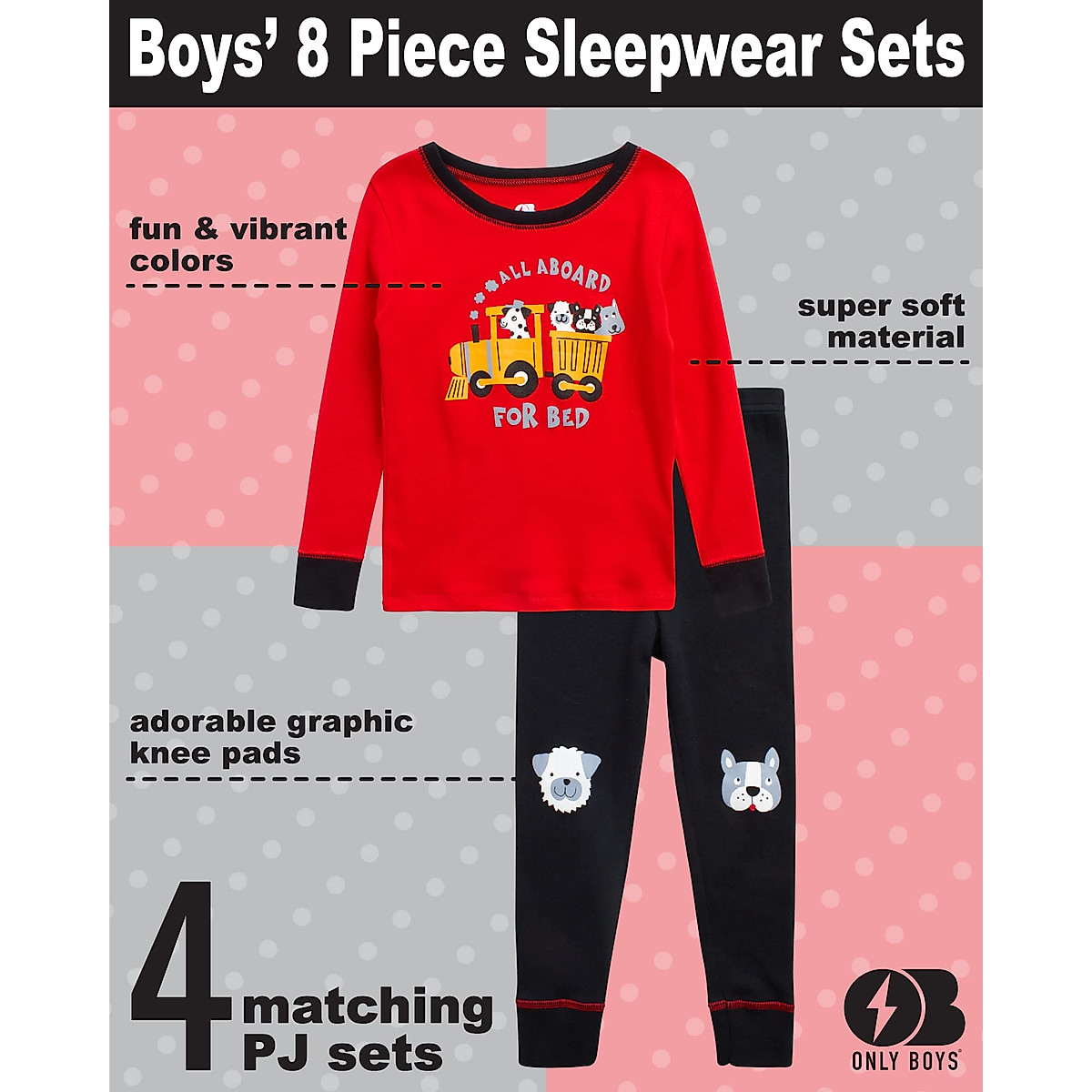 ONLY BOYS BabyToddler Pajama Set - 8 Piece Snug Fit Shirt and Sleepwear Joggers (Size 2T-4T), Size 2T, Red TrainsBlue Shark