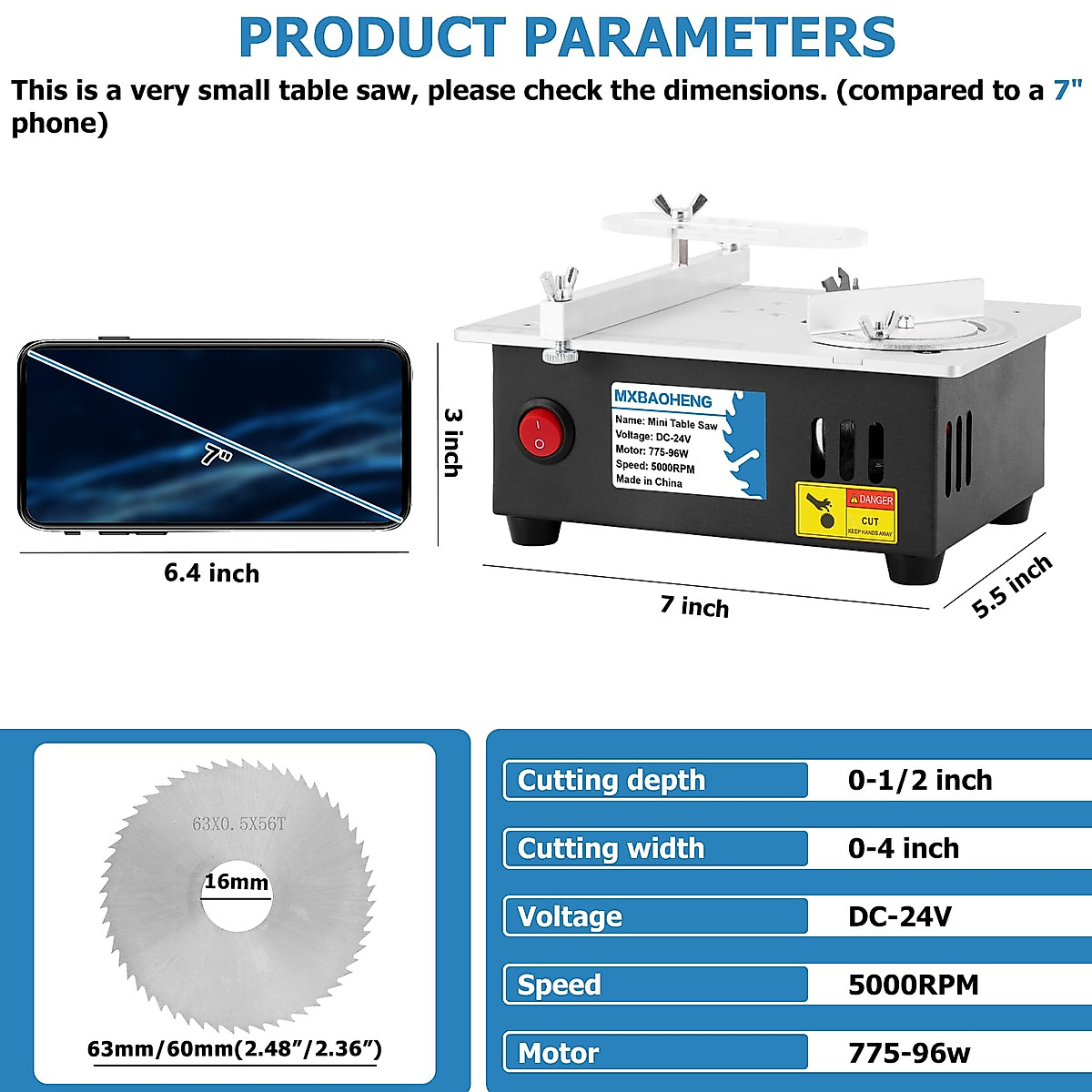 MXBAOHENG Mini Table Saw S2 Portable Precision Table Saws for Crafts, 1/2" Cut Depth, w/ 4 Blades, 96W Adjustable Speed Power Supply, for Wood Metal Plastic Cutting