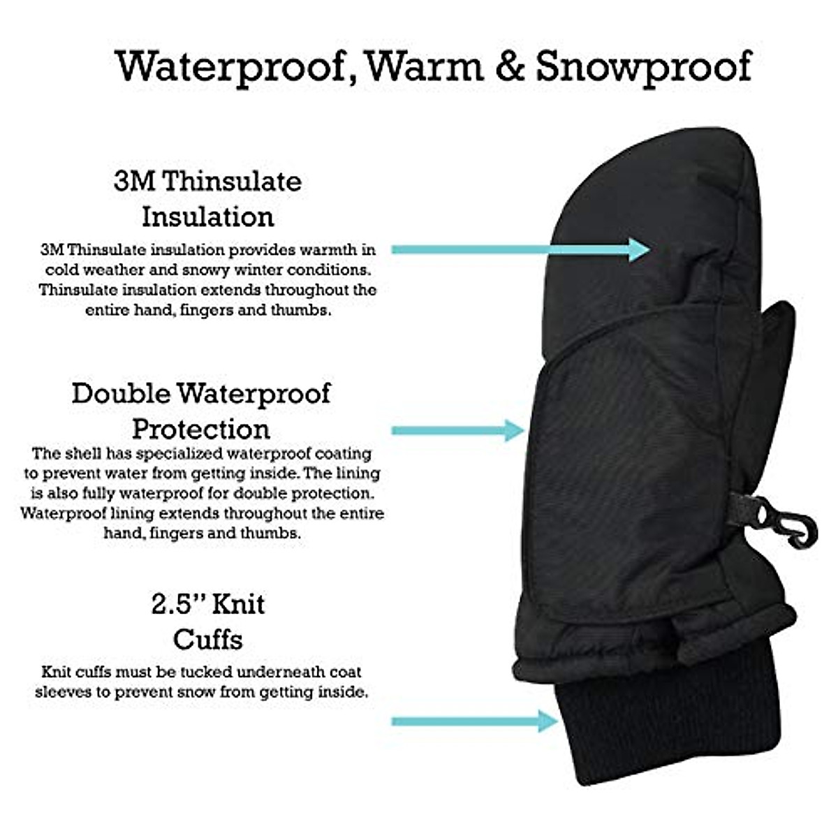 N'Ice Caps Kids Waterproof Snow Mittens Cold Weather Thinsulate Insulated (Black, 6-8 Years)
